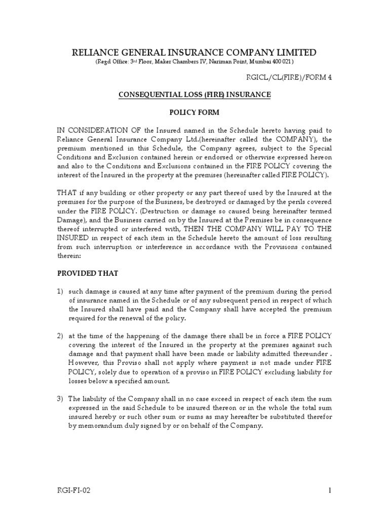 66-16. Fire-Consequential Loss Policy - PW | PDF | Indemnity | Insurance