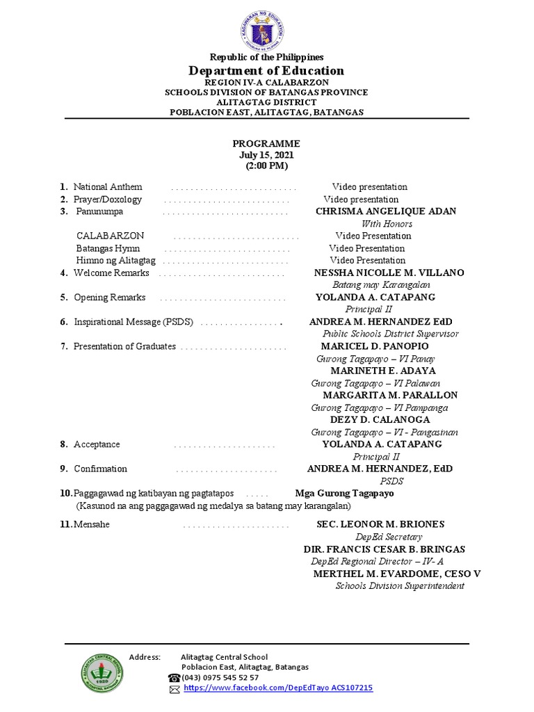 Programme for the Graduation Ceremony of Alitagtag Central School held ...
