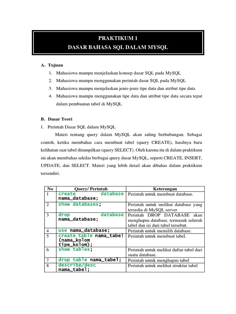 Modul 1 (Dasar SQL Dalam Mysql) | PDF