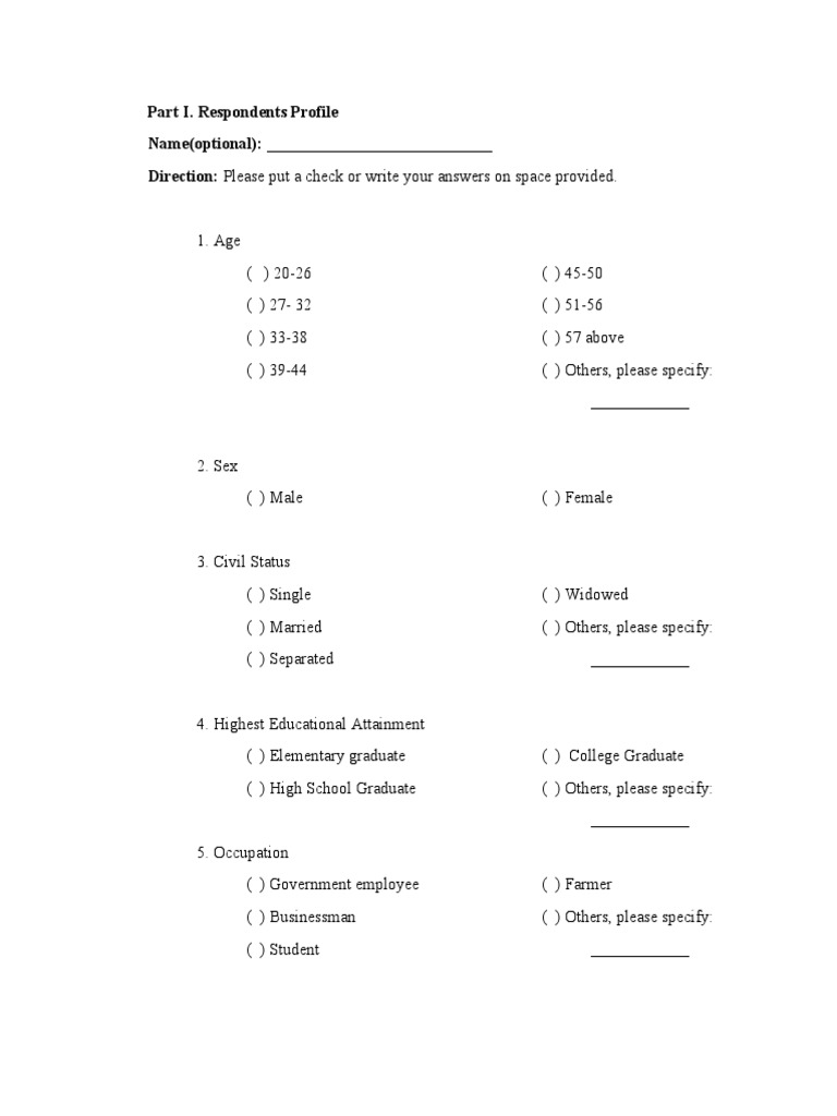 Part I. Respondents Profile Name (Optional) : Direction: Please Put A ...