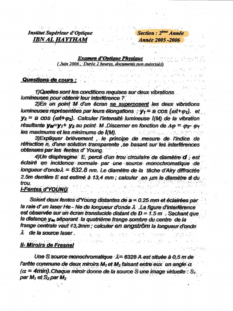 Optique Physique Contrôle Et TD s4 | PDF