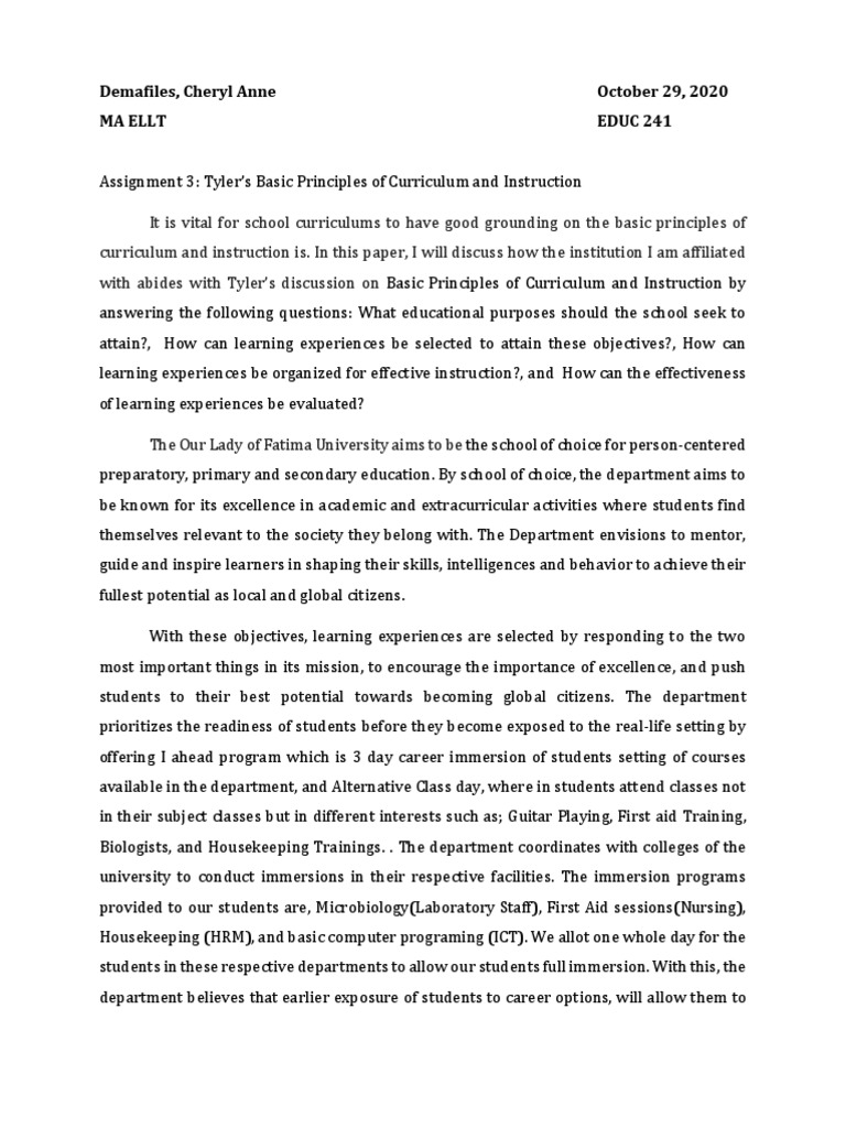 Tyler's Basic Principles of Curriculum and Instruction | PDF ...