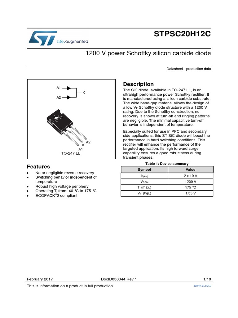 STPSC20H12C: 1200 V Power Schottky Silicon Carbide Diode | PDF | Diode | Rectifier