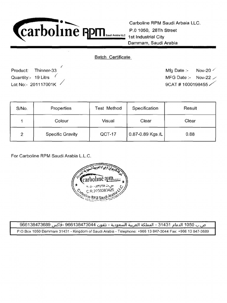 Carboline RPM Saudi Arabia LLC Batch Certificate for Thinner-33 | PDF | Teaching Mathematics ...