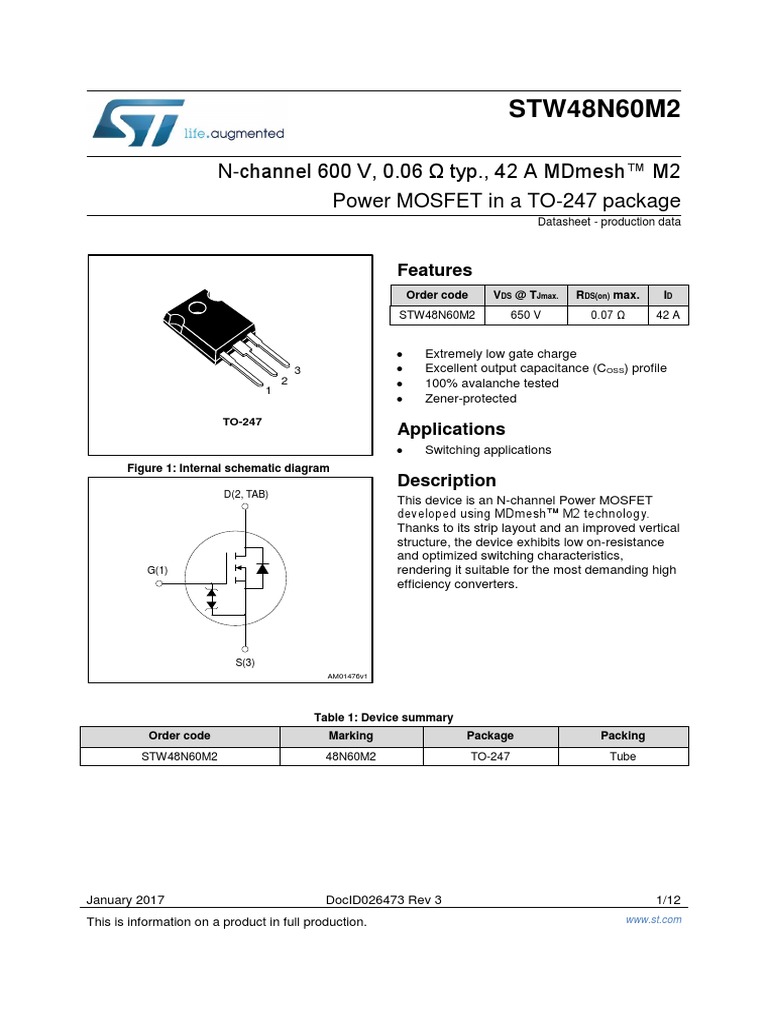 Stw48N60M2: N-Channel 600 V, 0.06 Typ., 42 A Mdmesh™ M2 Power Mosfet in A To-247 Package | PDF ...