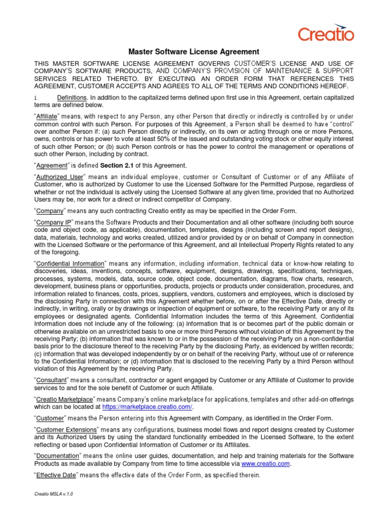 Master Software License Agreement: Creatio MSLA v.1.0 | PDF | Indemnity ...