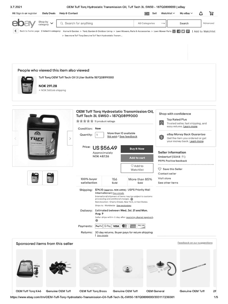 OEM Tuff Torq Hydrostatic Transmission Oil, Tuff Tech 3L 5W50 ...