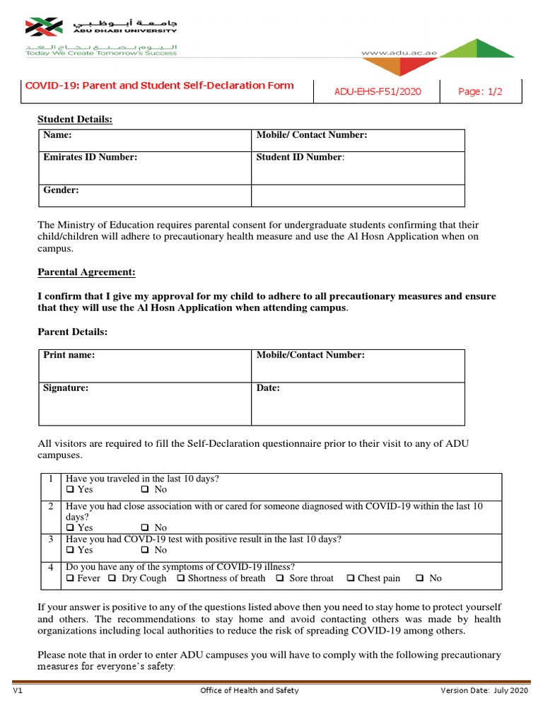Parent and Student Self Declaration Form-2 | PDF | Pandemic | Medicine