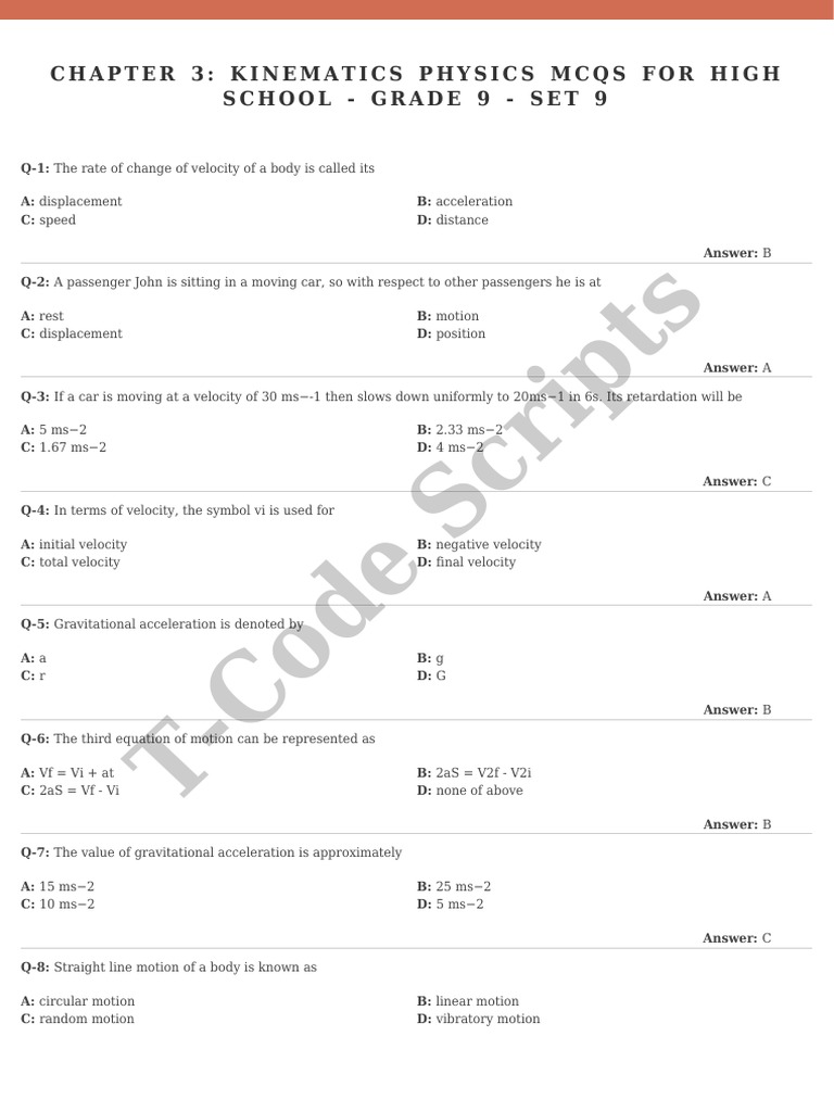 Kinematics MCQs for Grade 9 Students | PDF | Velocity | Acceleration