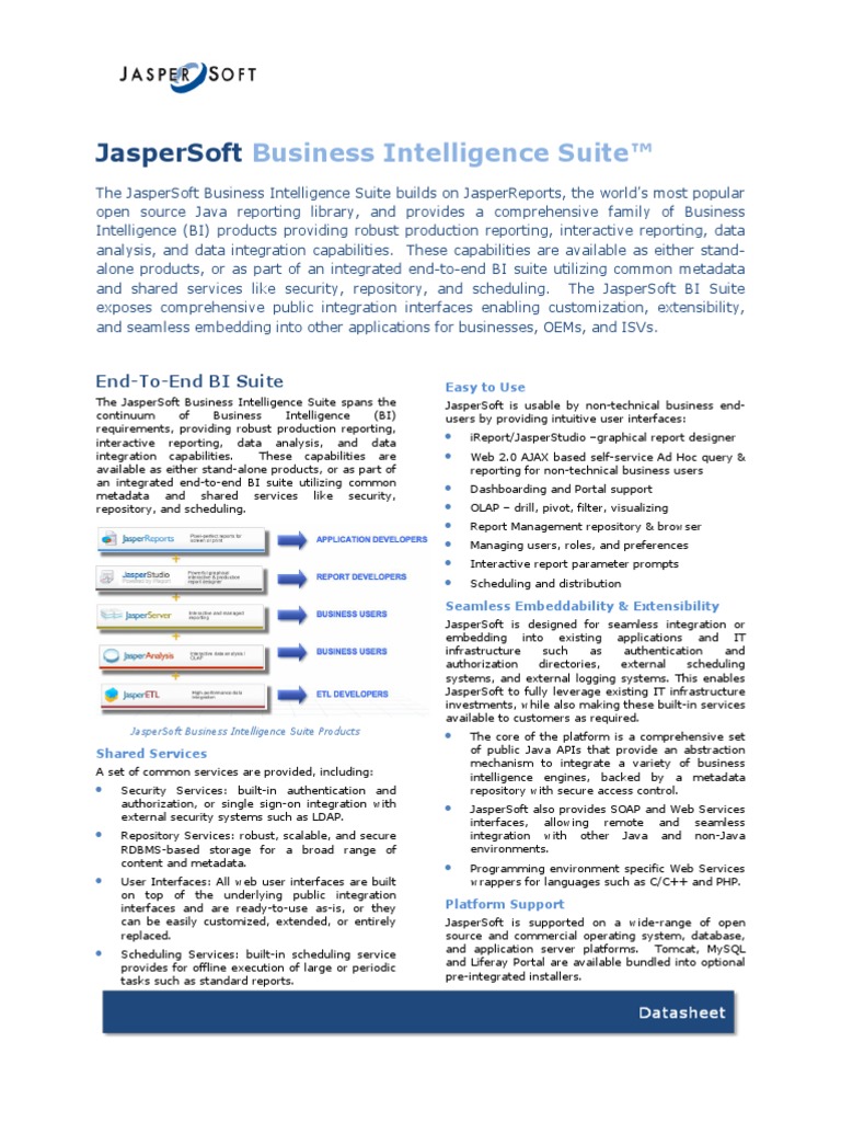 Datasheet - JasperSoft BI Suite - 1201733532324 | PDF | Data Warehouse | Data Management