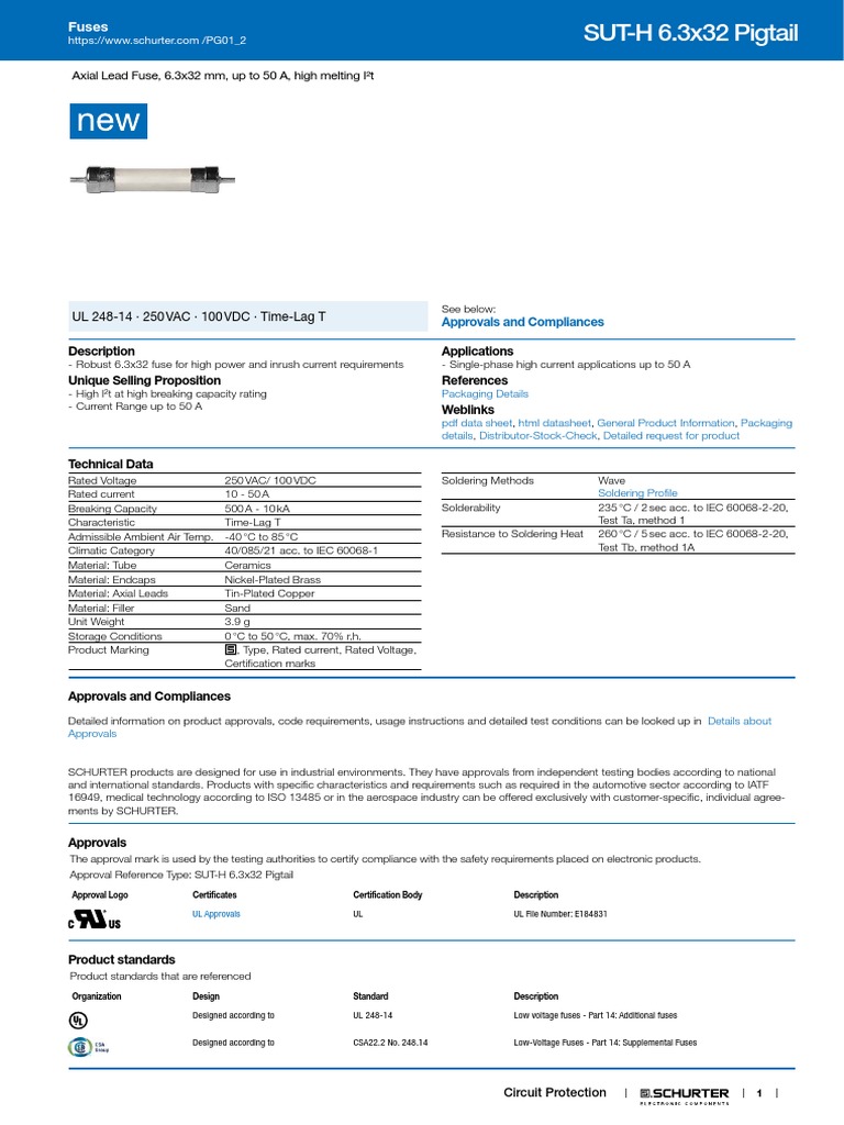 UL 248-14 250 VAC 100 VDC Time-Lag T: Axial Lead Fuse, 6.3x32 MM, Up To 50 A, High Melting I T ...