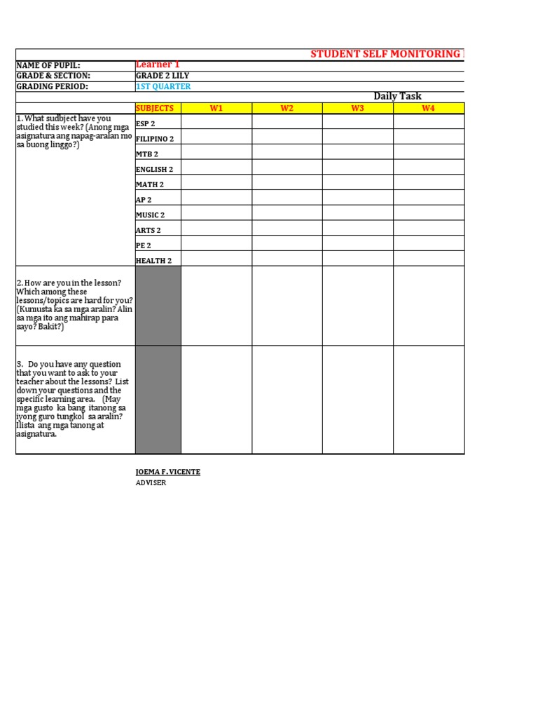 Grade 2 Student Self-Monitoring Log | PDF