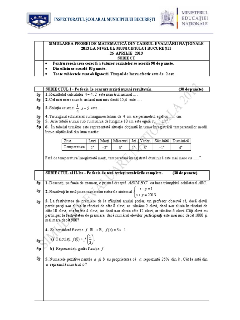 Simulare en 2013 Matematica | PDF