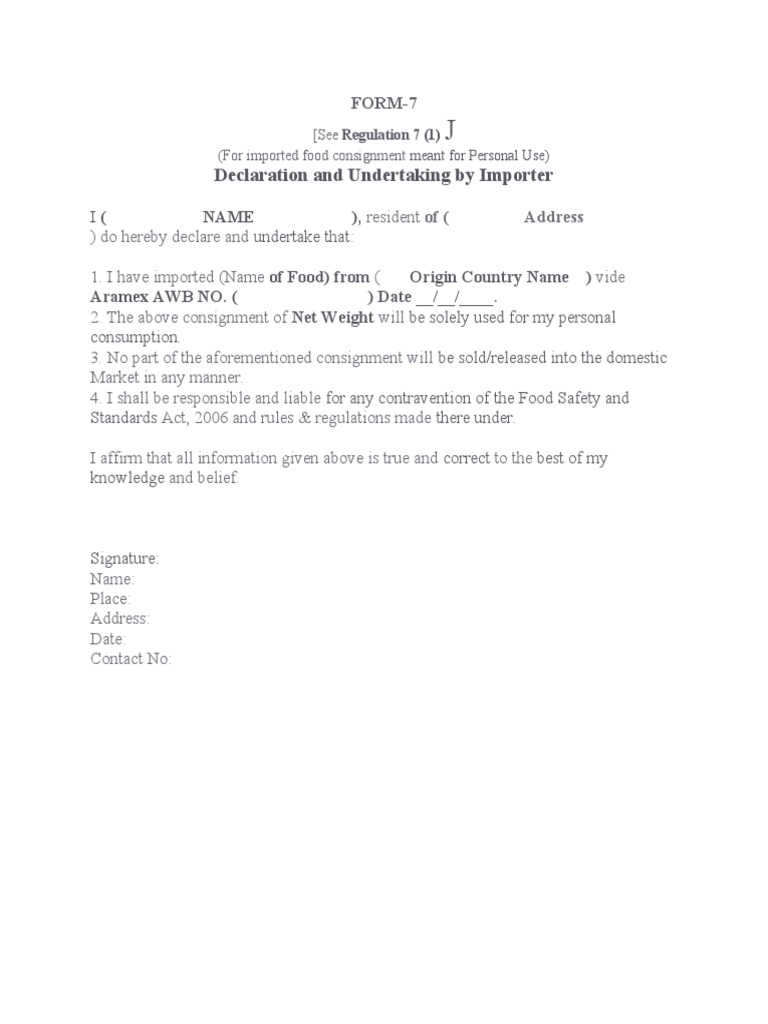 Declaration and Undertaking by Importer: FORM-7 | PDF