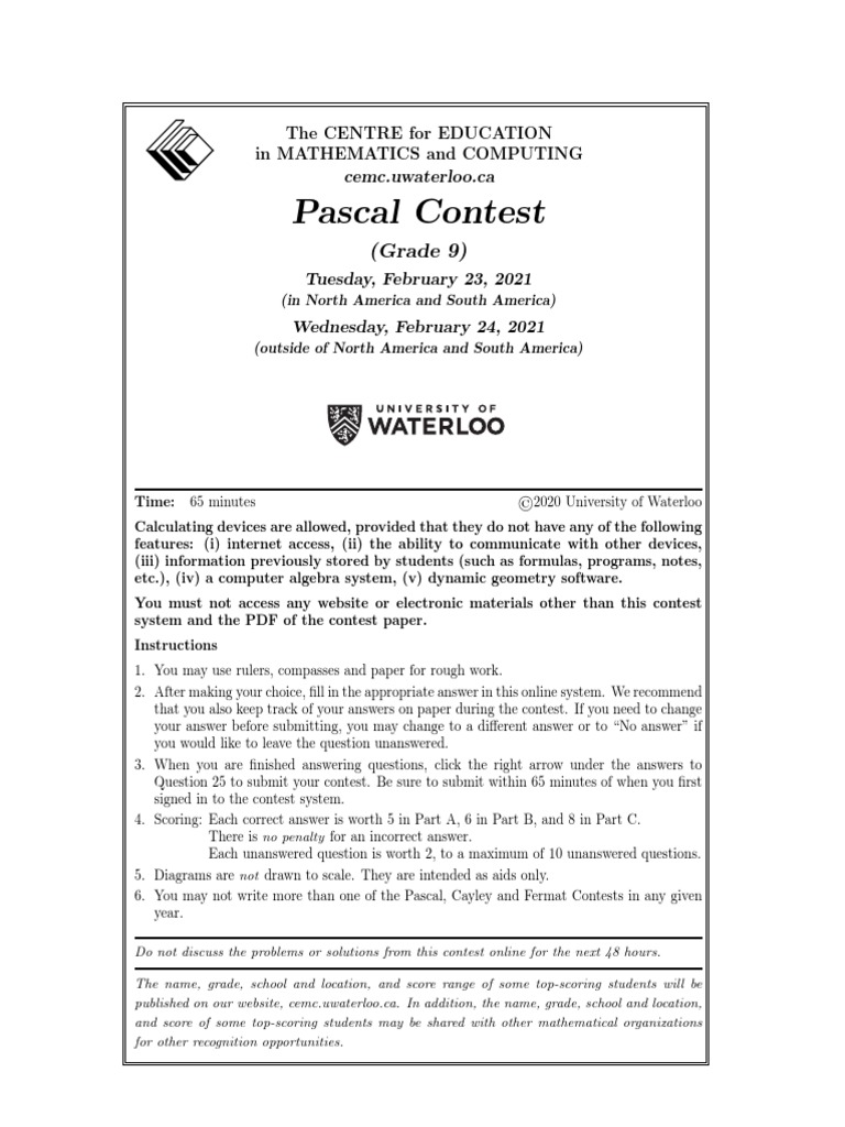 Pascal Contest: (Grade 9) | PDF | Length | Multiplication