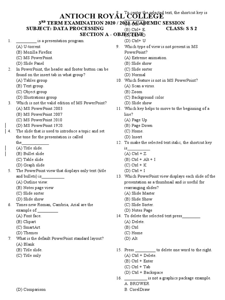 Ms Powerpoint And Word Processing Quiz Pdf Spreadsheet Word Processor