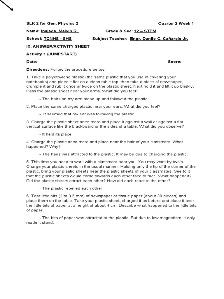 Physics Week 1 8 Answer Sheet INAJADA | PDF | Electrostatic Discharge | Capacitor