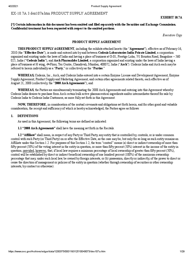 Product Supply Agreement | PDF | Non Disclosure Agreement | Confidentiality