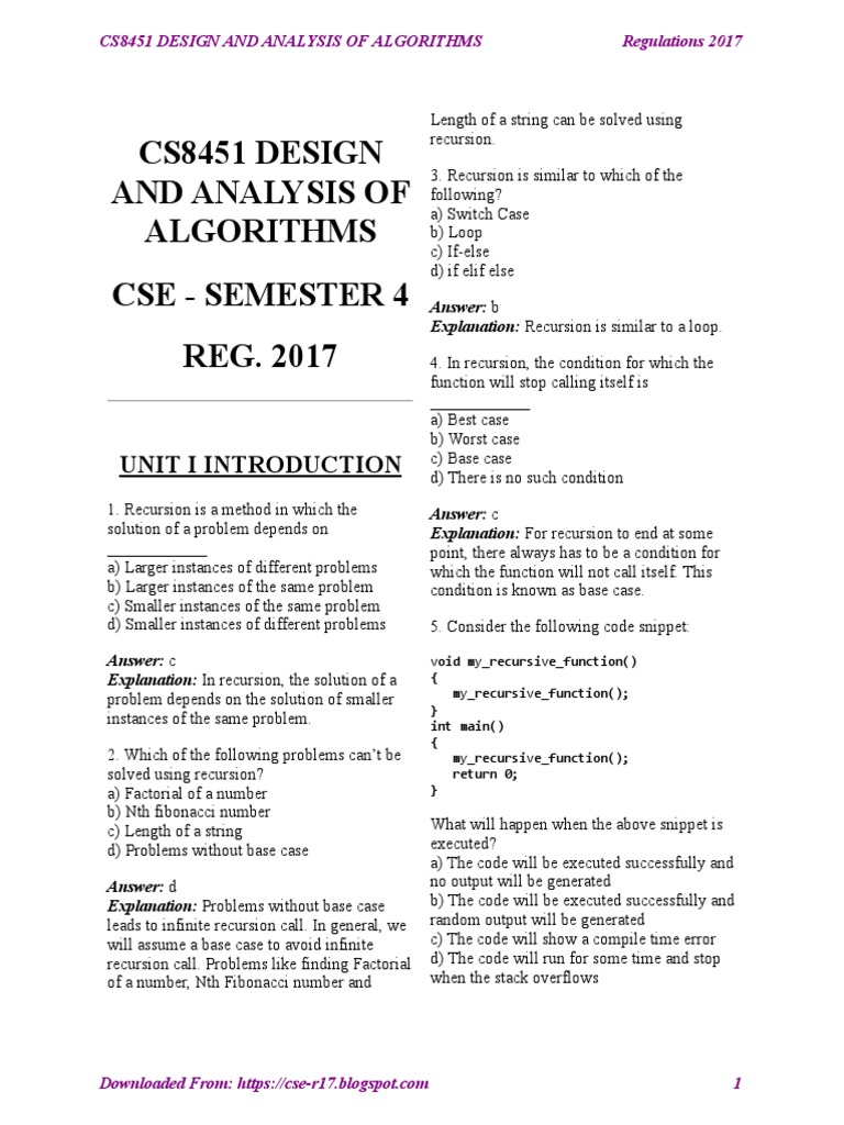 Cs8451 Design And Analysis Of Algorithms Mcq Pdf Recursion Computer Programming 