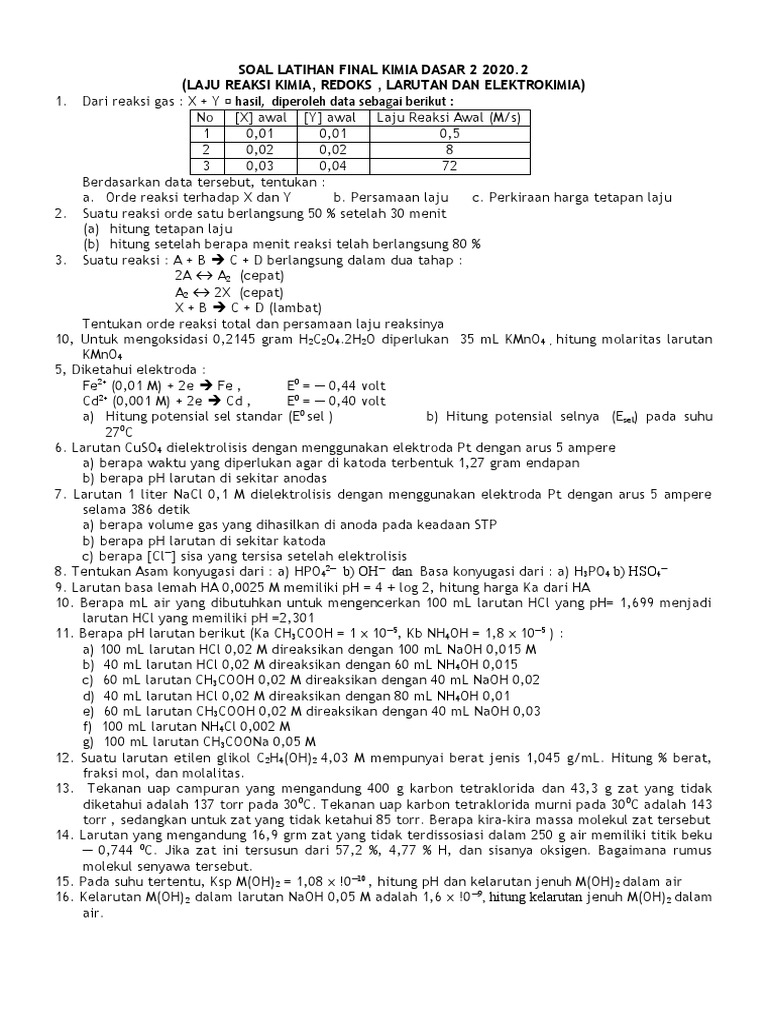 Soal Latihan Final Kimia Dasar 2 | PDF
