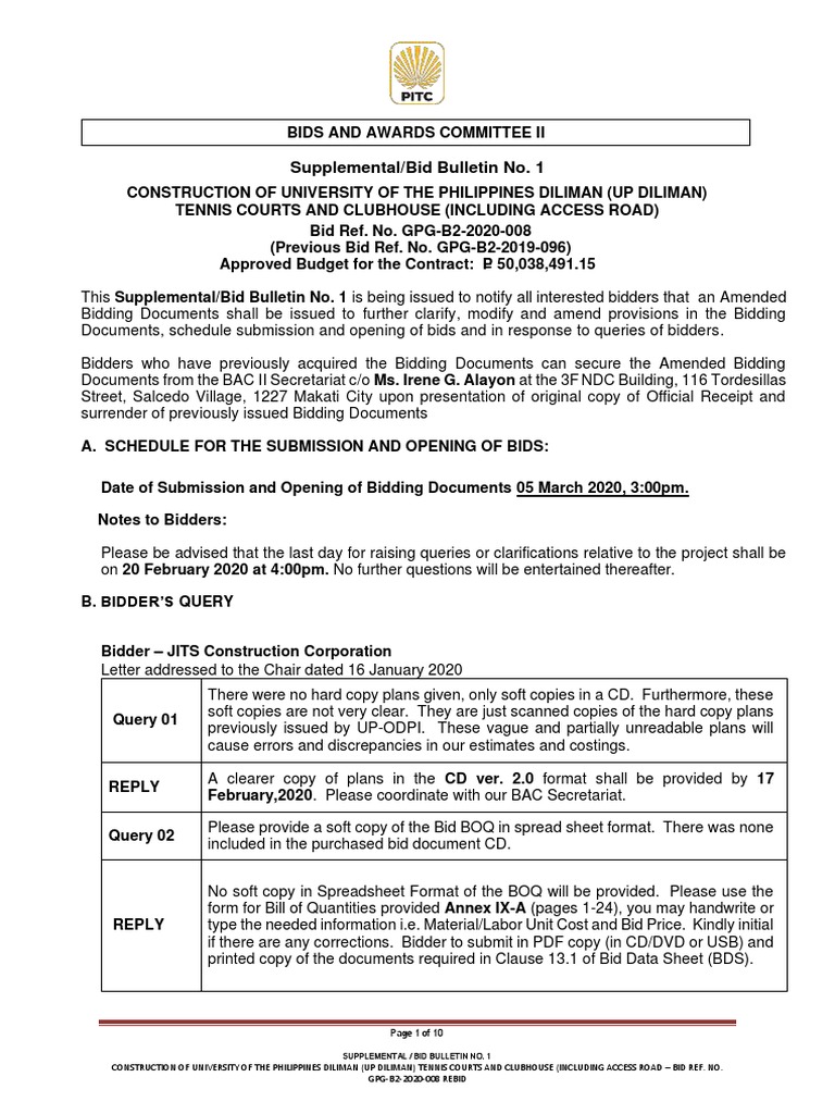 Supplemental/Bid Bulletin No. 1 | PDF | Specification (Technical ...