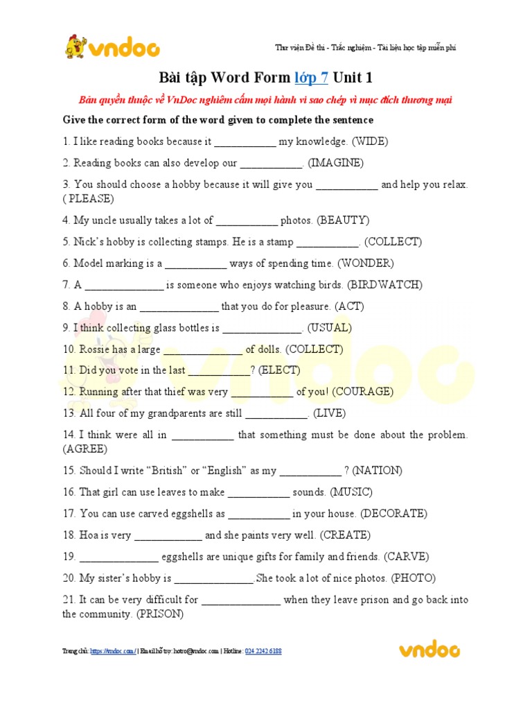 Bai Tap Word Form Lop 7 Unit 1 | PDF | Leisure