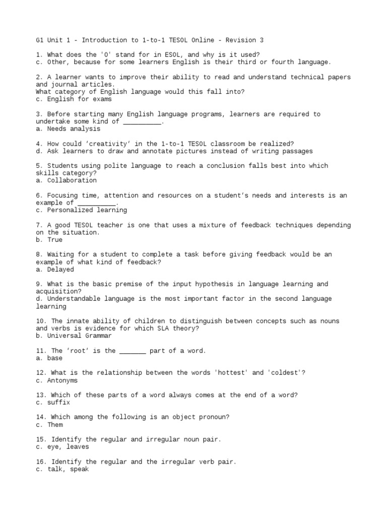 Tesol Answer Key | PDF | Educational Assessment | English As A Second ...