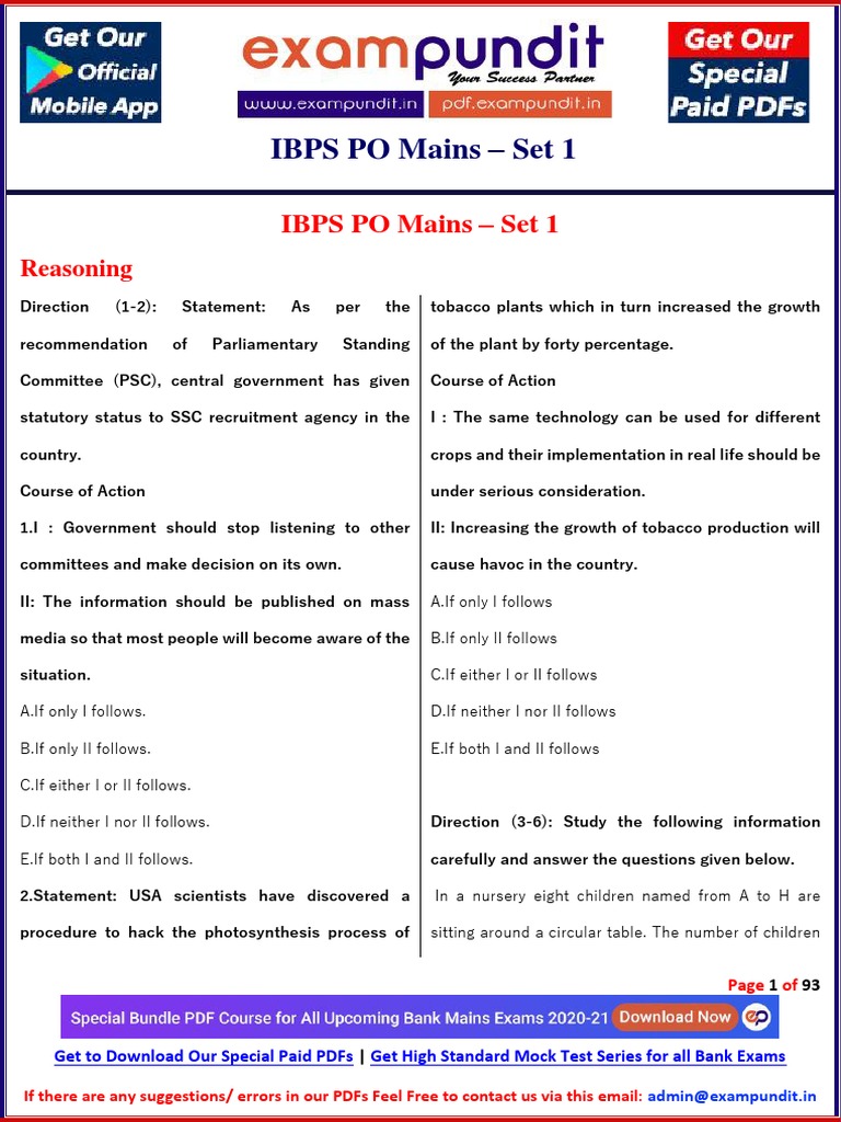 Ibps Po Mains Model Question Paper PDF Set 1 | PDF | Test (Assessment ...