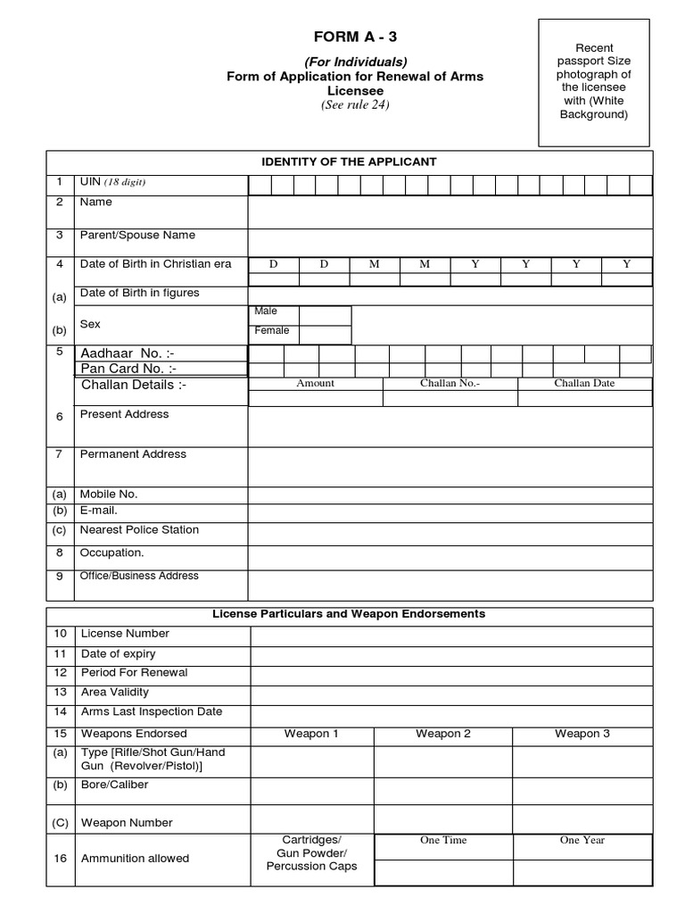 Form A - 3: Form of Application For Renewal of Arms Licensee | PDF ...