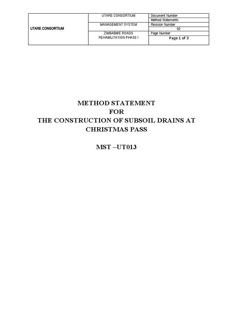 Construction of Subsoil Drains Method Statement | PDF | Drainage | Concrete