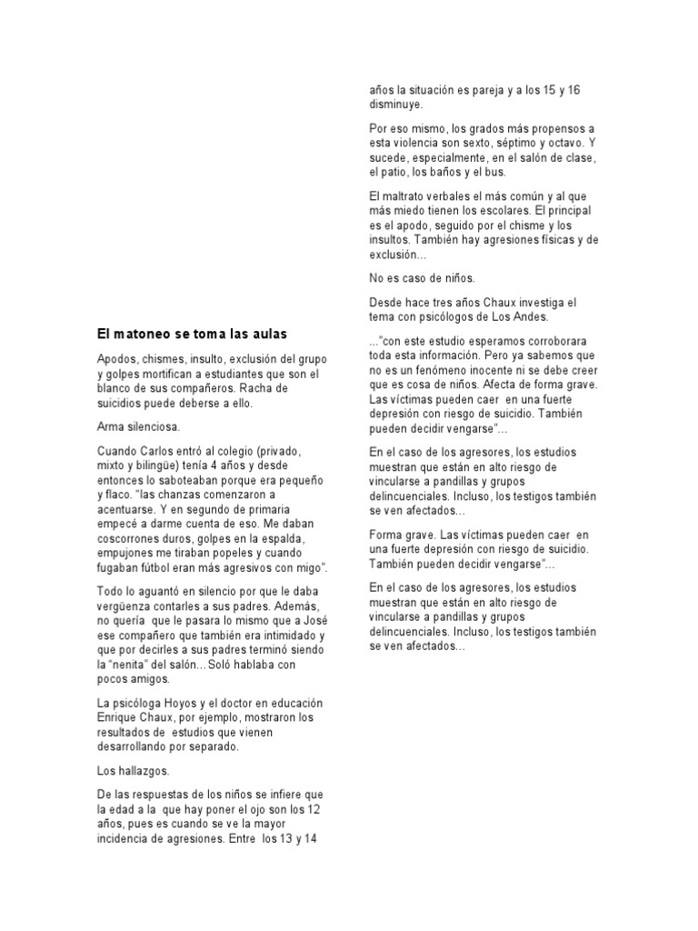 El Matoneo Se Toma Las Aulas | PDF | Sicología | Violencia