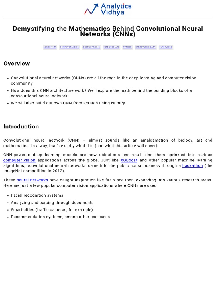 Demystifying The Mathematics Behind Convolutional Neural Networks (CNNS ...