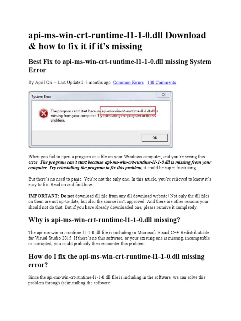 Api-Ms-Win-Crt-Runtime-L1-1-0.dll Download & How To Fix It If It's Missing | PDF | Microsoft ...