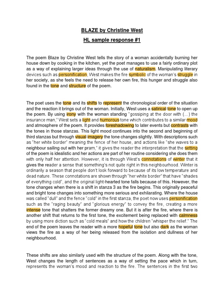 BLAZE by Christine West HL Sample Response #1 | PDF | Poetry
