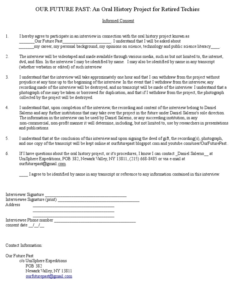 OFP Consent Form | PDF | Oral History | Interview