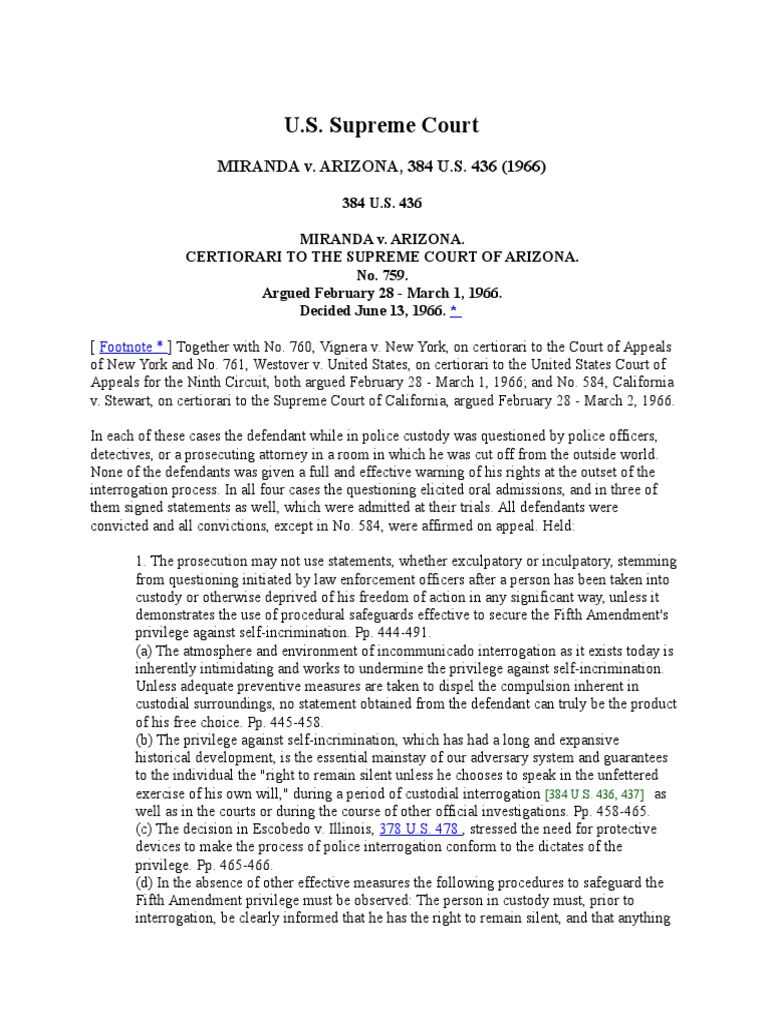 MIRANDA v. ARIZONA - 384 U.S. 436 (1966) | Miranda V. Arizona | Miranda ...