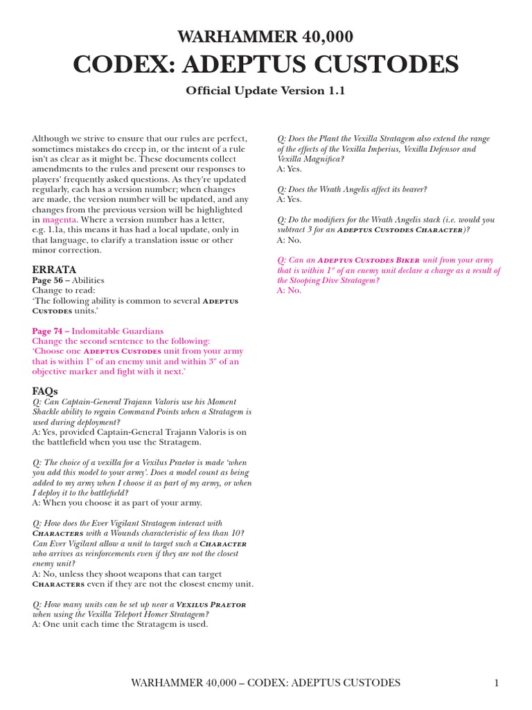 40K8 - Update - Codex - Adeptus - Custodes - Ver - 1.1 | PDF | Leisure ...