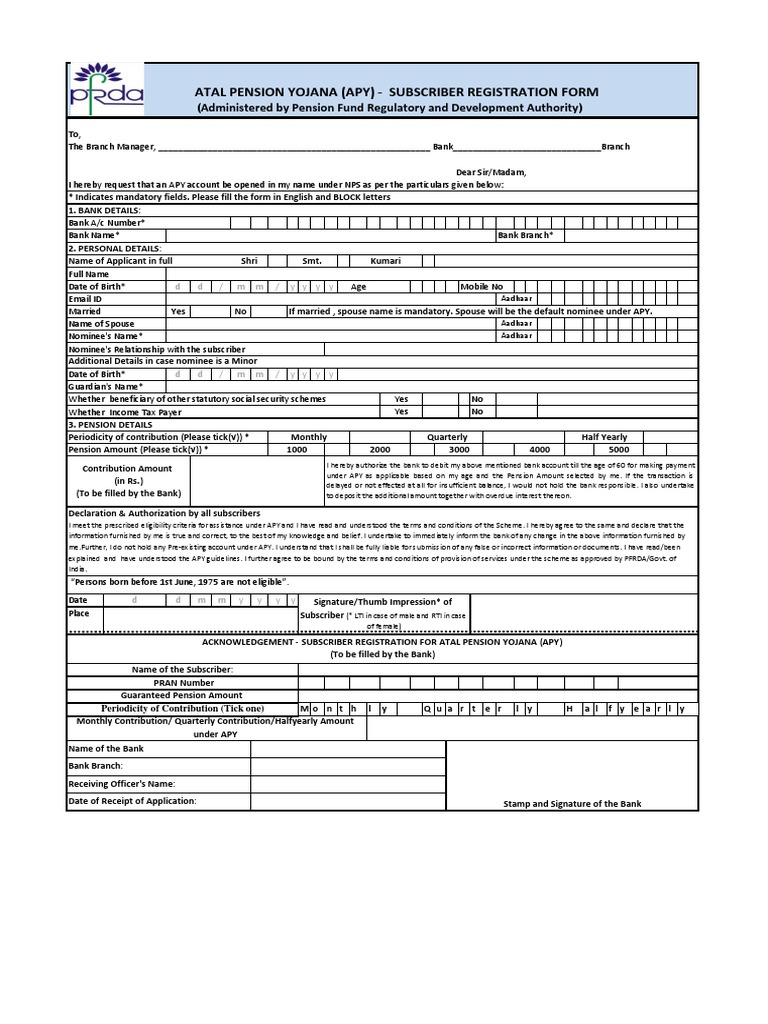 Atal Pension Yojana (Apy) - Subscriber Registration Form | PDF ...