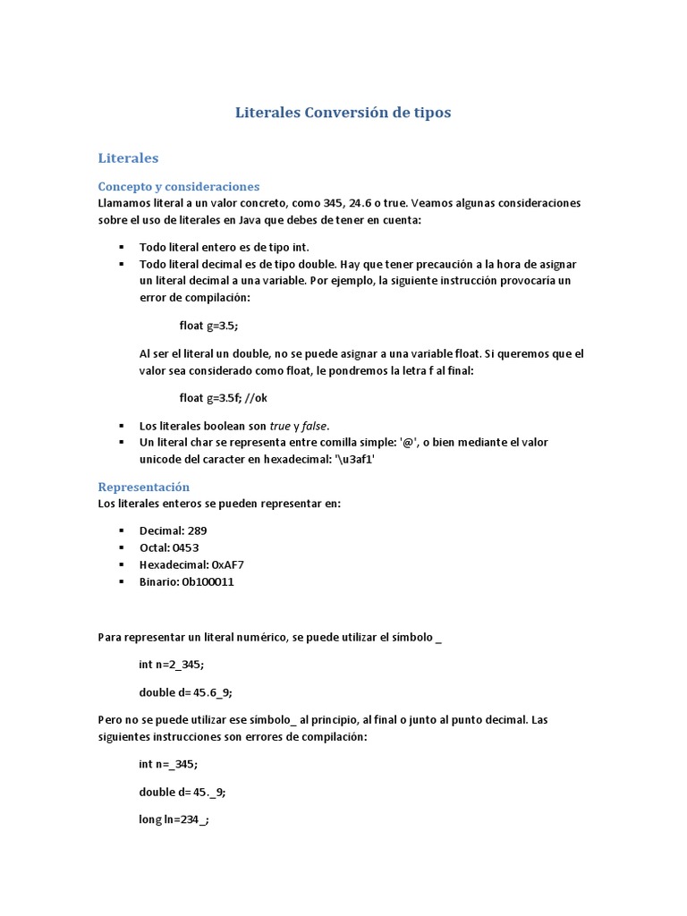 Literales y Conversión de Tipos | PDF | Java (lenguaje de programación ...