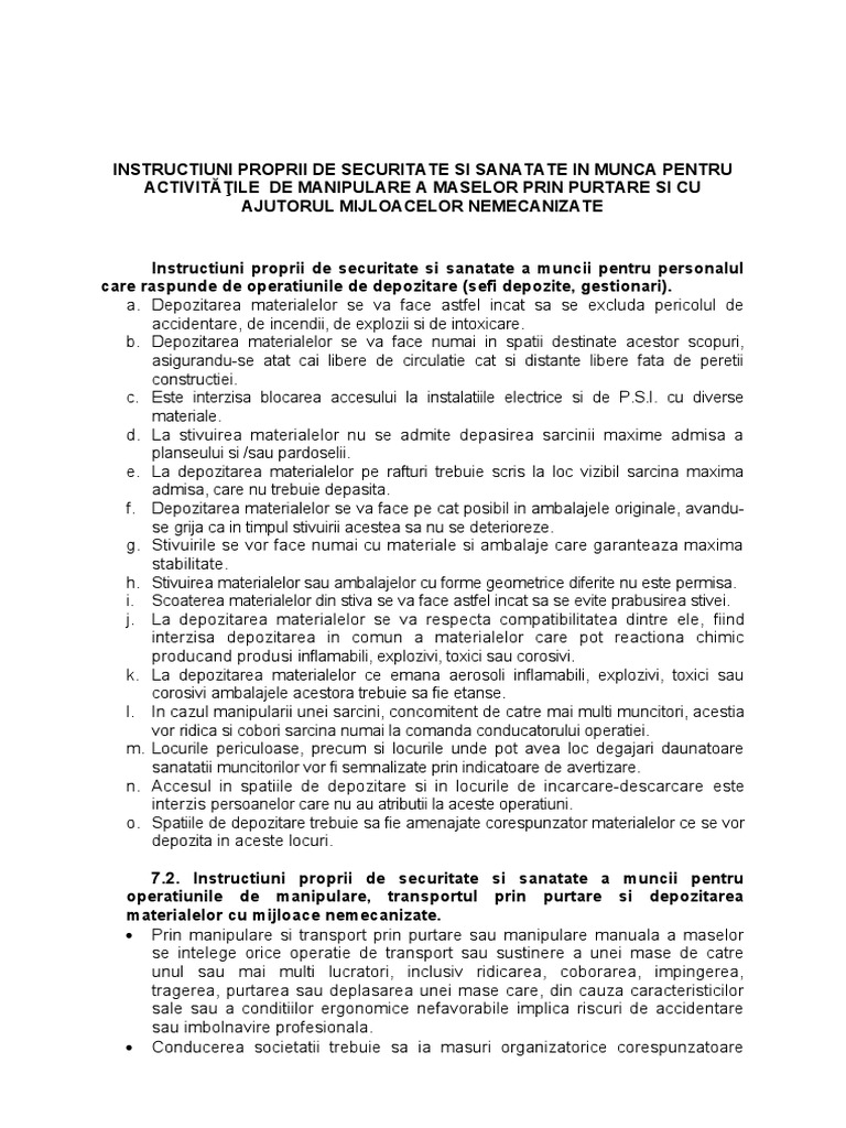 INSTRUCTIUNI PROPRII SSM Manipularea Maselor Cu Mijloace Nemecanizate | PDF