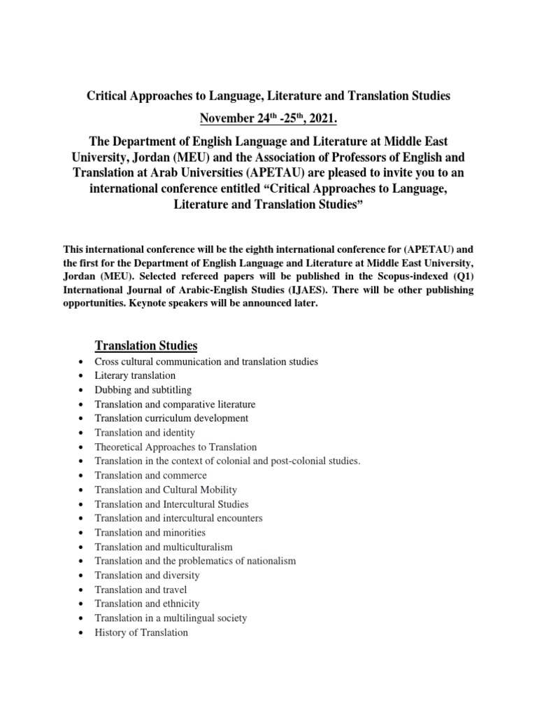 Call For Papers APETAU and MEU | PDF | Linguistics | Translations
