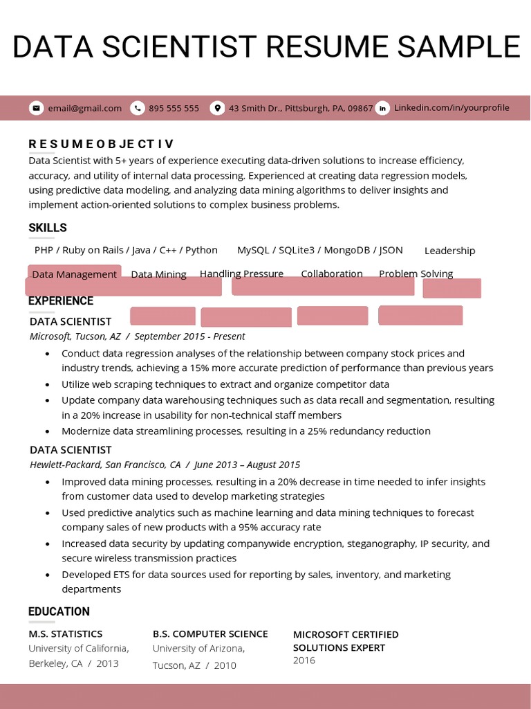 Data Scientist Resume Sample Advanced Pink | PDF