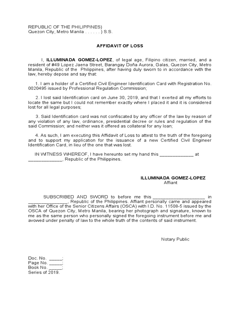 Affidavit of Loss of PRC Card | PDF