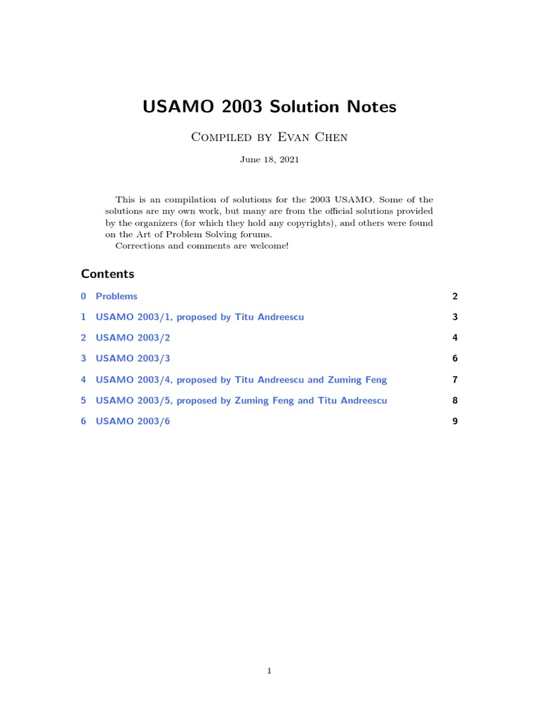 USAMO 2003 Solution Notes: Compiled by Evan Chen | PDF | Geometry | Euclid
