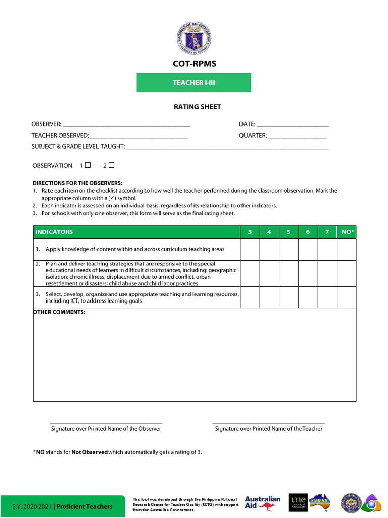 COT-RPMS Rating Sheet For T I-III For SY 2020-2021 in The Time of COVID ...