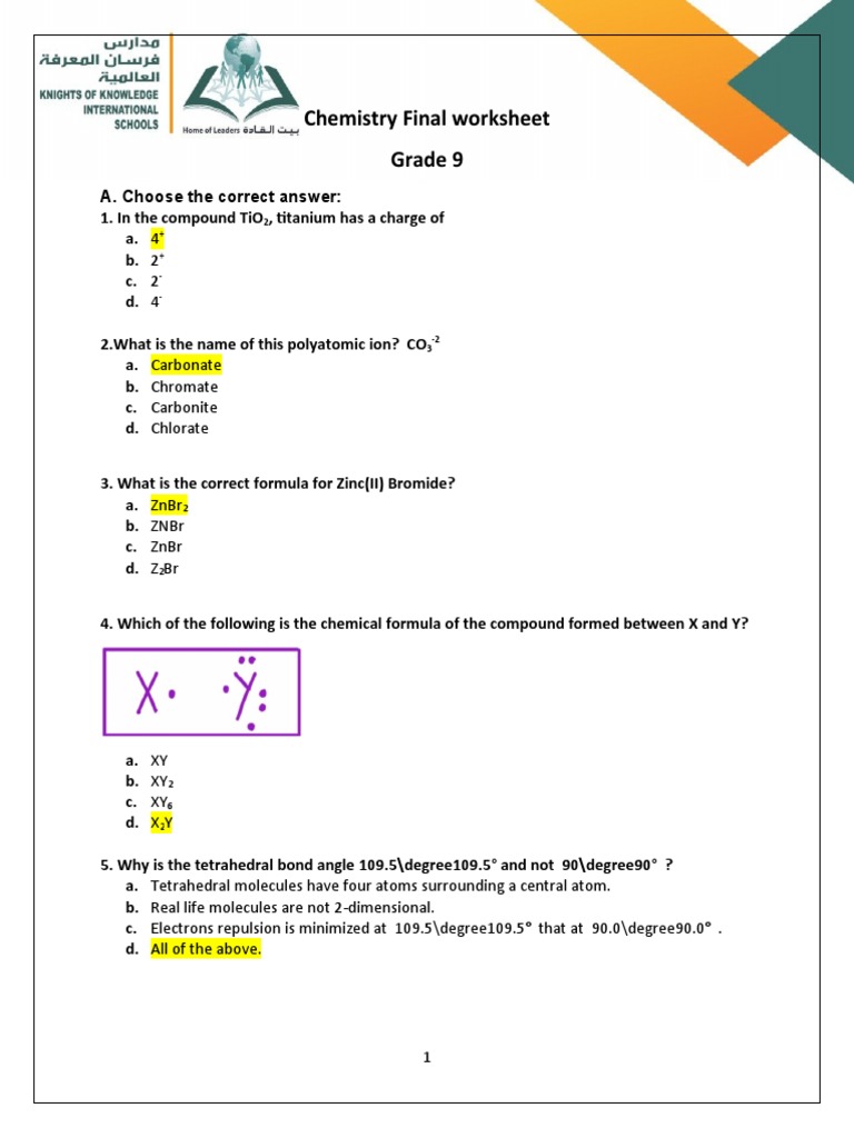 Chemistry Final Worksheet Grade 9 | PDF | Chemical Bond | Chemical Polarity