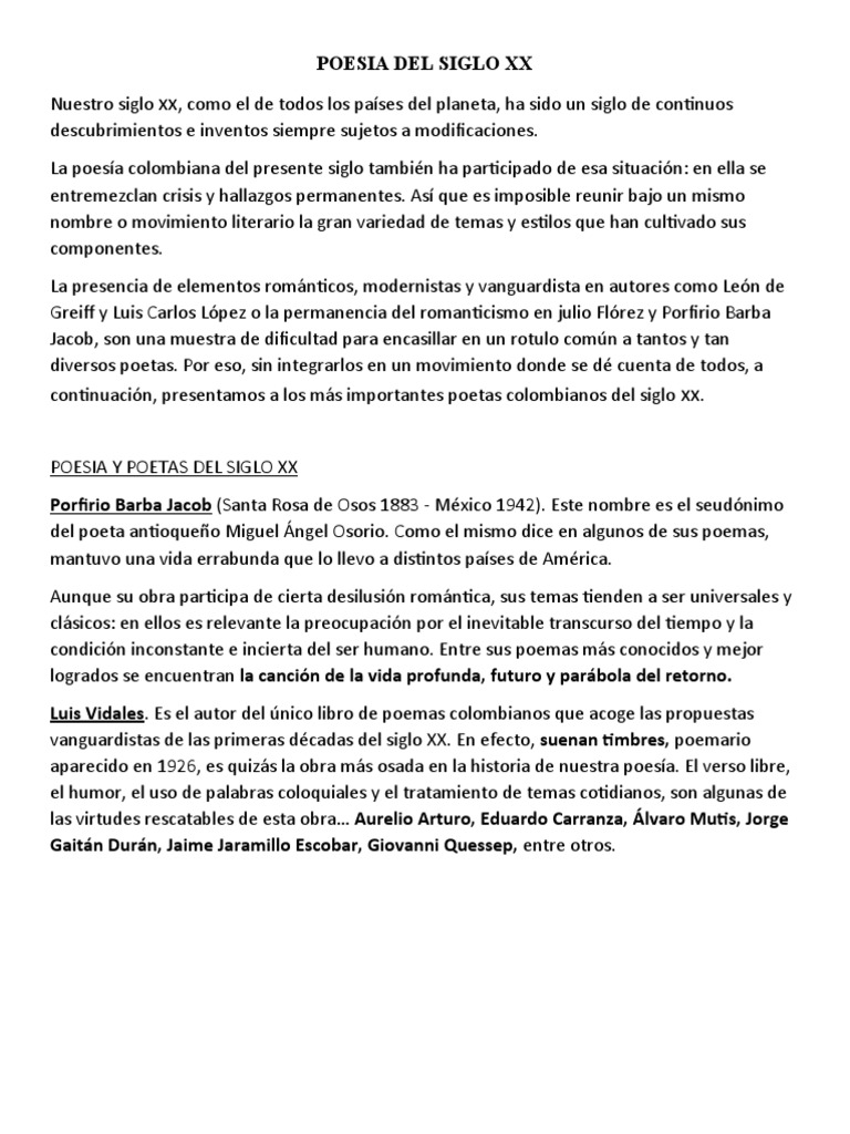 Poesia Del Siglo XX | PDF | Cuentos | Colombia
