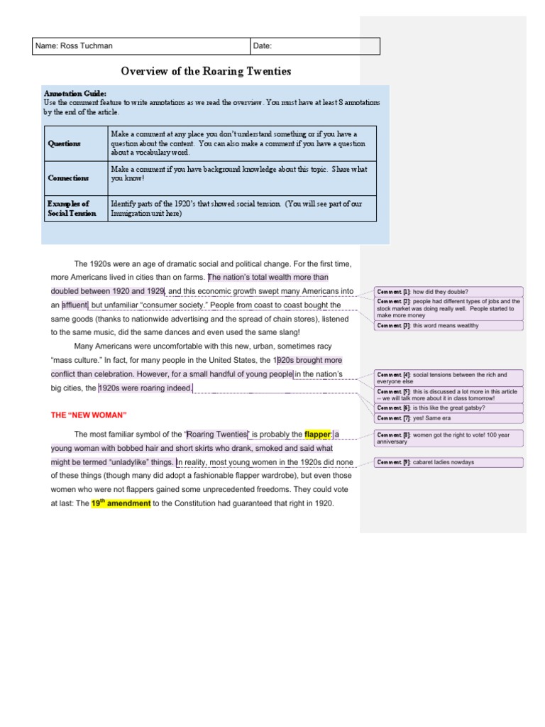Overview of The Roaring Twenties: Annotation Guide | PDF | Prohibition ...