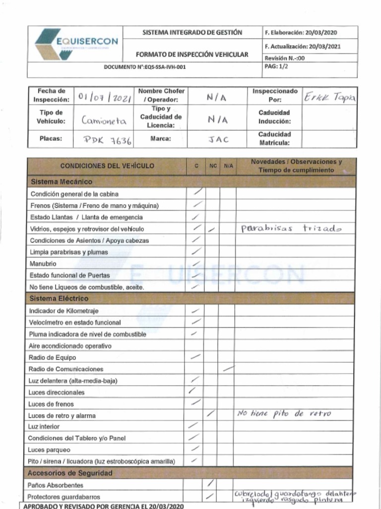 Inspeccion Vehicular Camioneta PDK7636 | PDF