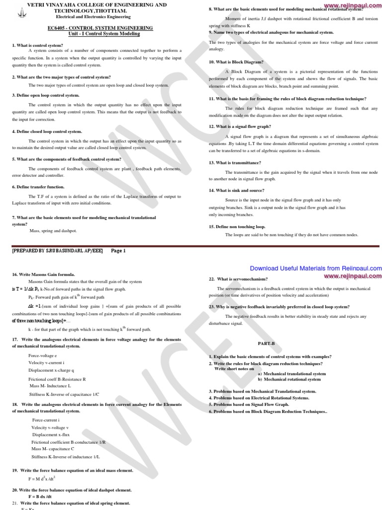 Ec6405 2m Rejinpaul I | PDF | Control Theory | Zero Of A Function
